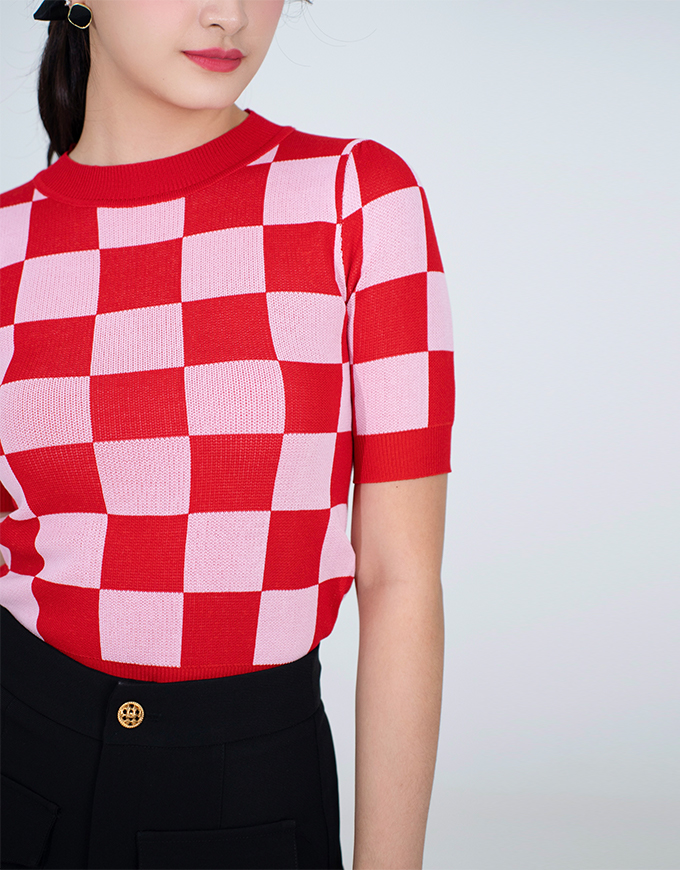 Giera Checkerboard Knit Top - Eightiin Fashion (1378265-H)