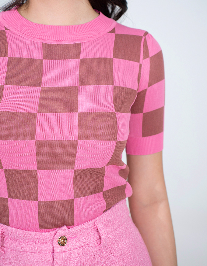 Giera Checkerboard Knit Top - Eightiin Fashion (1378265-H)
